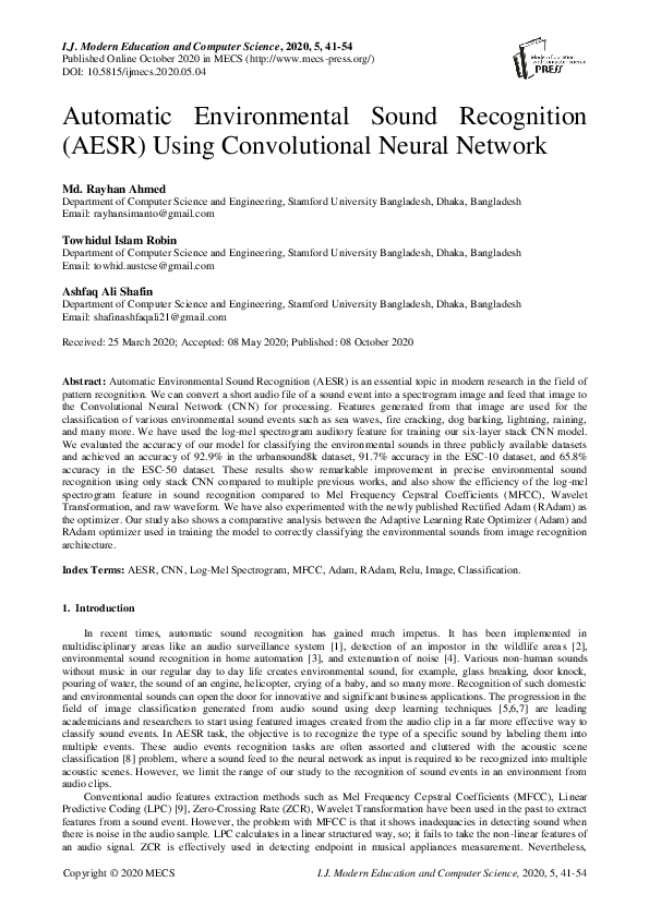 Pdf Automatic Environmental Sound Recognition Aesr Using