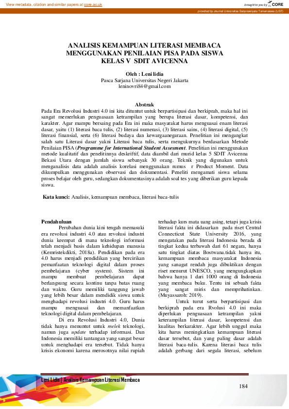 (PDF) Analisis Kemampuan Literasi Membaca Menggunakan Penilaian Pisa Pada Siswa Kelas V Sdit ...