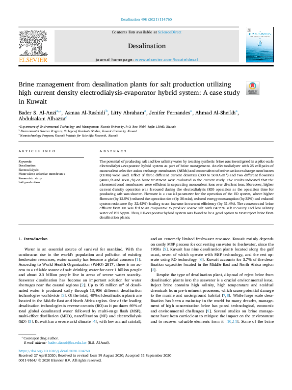 (PDF) Brine management from desalination plants for salt production utilizing high current ...