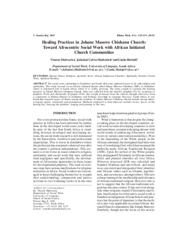 (PDF) Healing Practices in Johane Masowe Chishanu Church: Toward ...