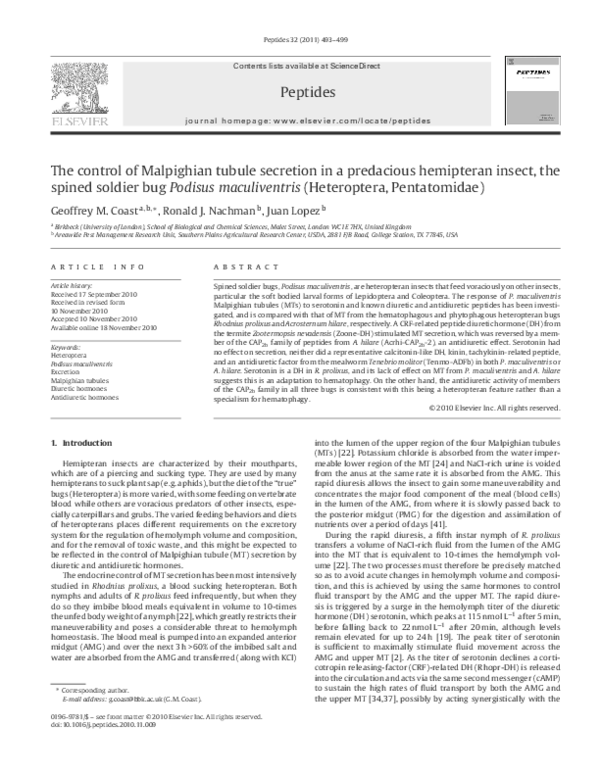 (PDF) The control of Malpighian tubule secretion in a predacious ...