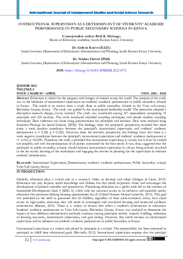 (PDF) Instructional Supervision as a Determinant of Students' Academic Performance in Public ...