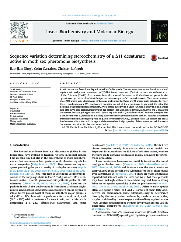 Pdf Sequence Variation Determining Stereochemistry Of A Δ11 Desaturase Active In Moth Sex