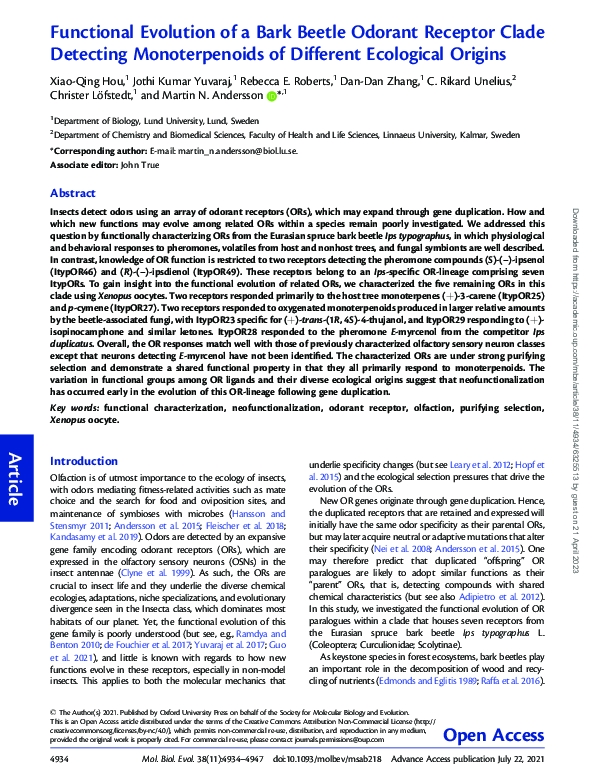 (PDF) Functional Evolution of a Bark Beetle Odorant Receptor Clade Detecting Monoterpenoids of ...