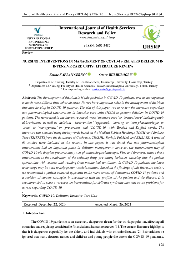 (PDF) Nursing Interventions in Management of COVID-19-RELATED Delirium ...