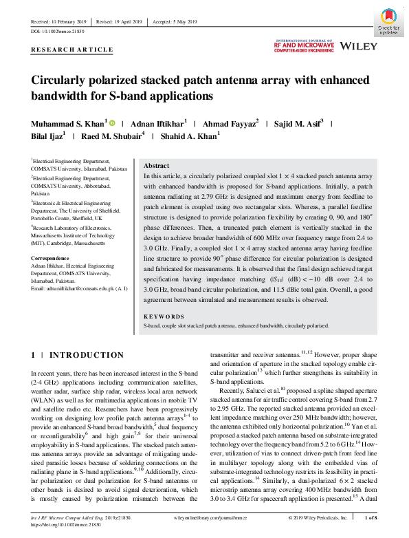 (PDF) Circularly polarized stacked patch antenna array with enhanced bandwidth for S‐band ...