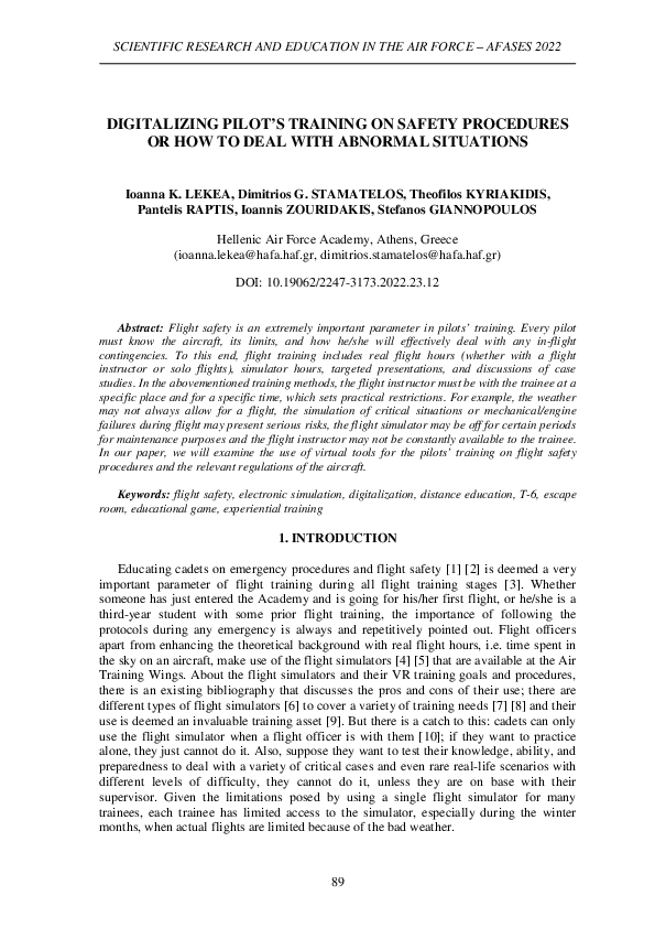 (PDF) Digitalizing Pilot’s Training on Safety Procedures or How to Deal with Abnormal Situations