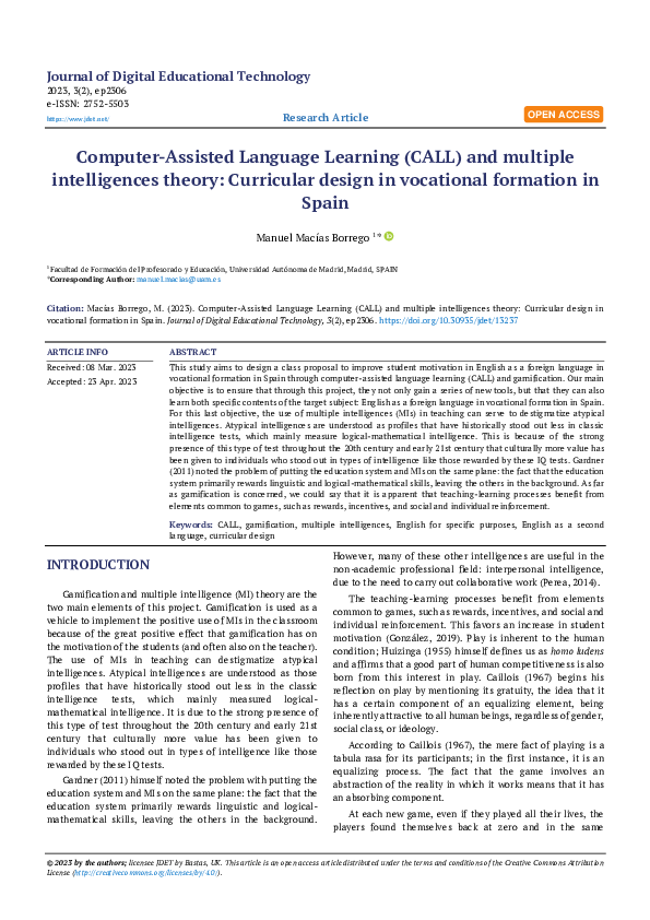 (PDF) Computer-Assisted Language Learning (CALL) and multiple ...