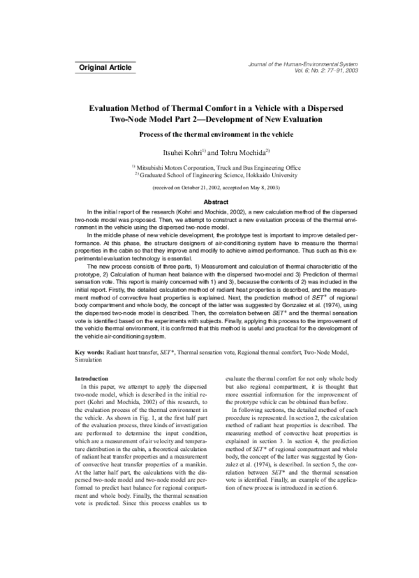 (PDF) Evaluation Method of Thermal Comfort in a Vehicle with a Dispersed Two-Node Model Part 2 ...