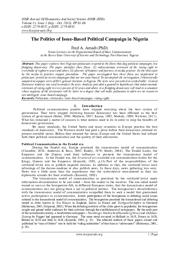(PDF) The Politics of Issue-Based Political Campaign in Nigeria