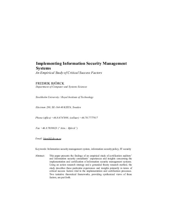 (PDF) Implementing Information Security Management Systems