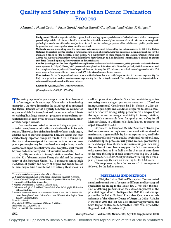 (PDF) Quality and Safety in the Italian Donor Evaluation Process