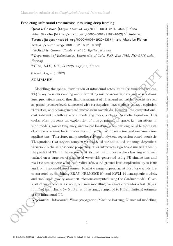 (PDF) Predicting infrasound transmission loss using deep learning