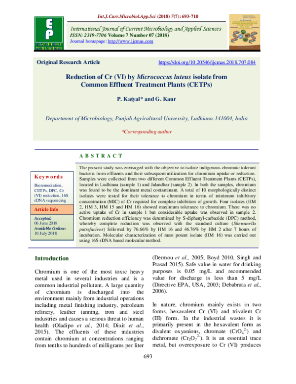 (PDF) Reduction of Cr (VI) by Micrococcus luteus isolate from Common ...