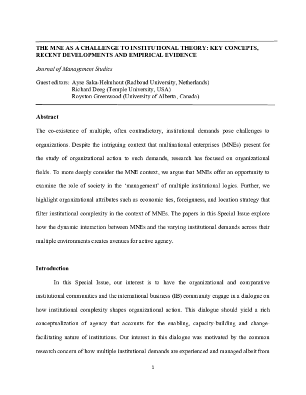 (DOC) THE MNE AS A CHALLENGE TO INSTITUTIONAL THEORY: KEY CONCEPTS ...