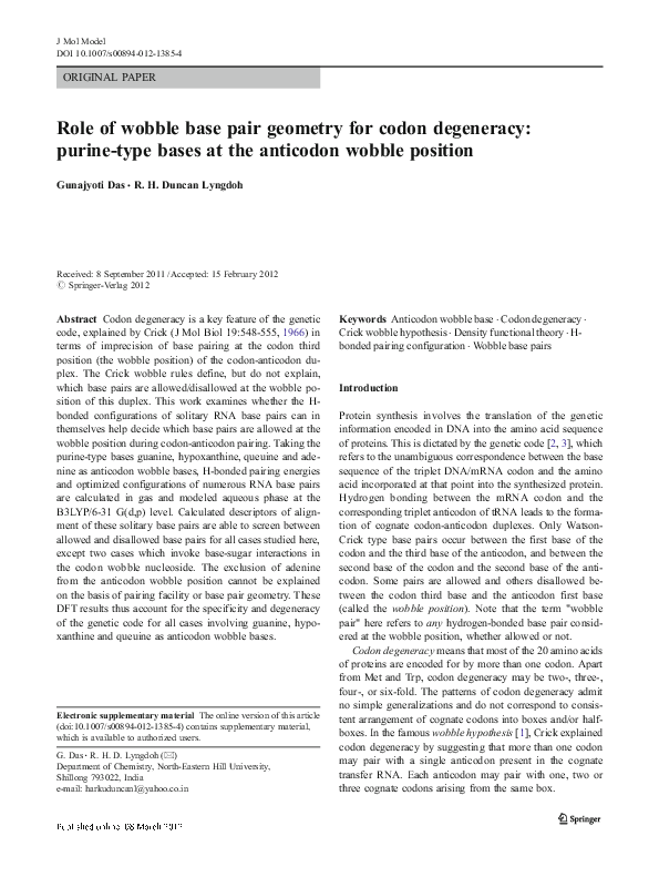 (PDF) Role of wobble base pair geometry for codon degeneracy: purine ...
