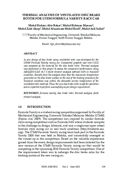 (PDF) Thermal Analysis of Ventilated Disc Brake Rotor for UTeM Formula Varsity Race Car