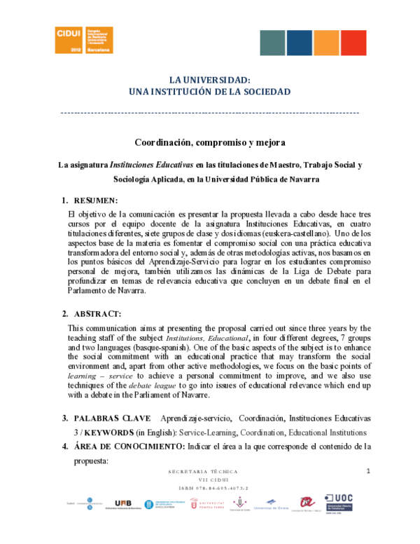 (PDF) Coordinación, compromiso y mejora La asignatura Instituciones Educativas en las ...