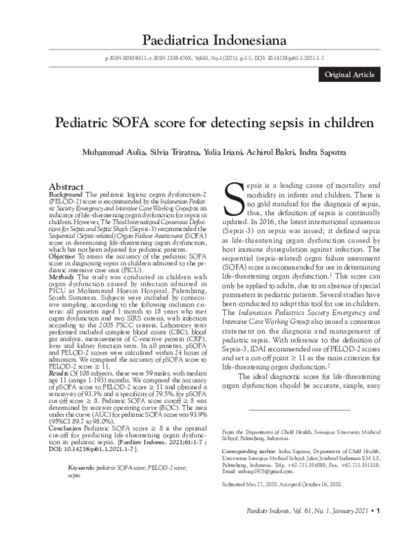 (PDF) Pediatric SOFA score for detecting sepsis in children