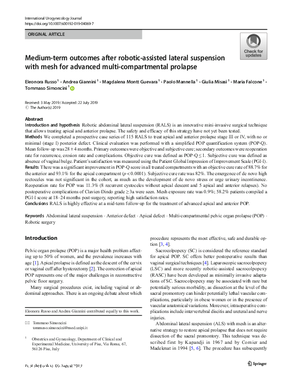 Pdf Robotic Assisted Apical Lateral Suspension For Advanced Pelvic
