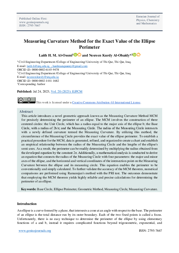 (PDF) Measuring Curvature Method for the Exact Value of the Ellipse Perimeter