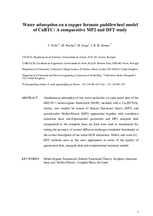 (PDF) Water adsorption on a copper formate paddlewheel model of CuBTC ...