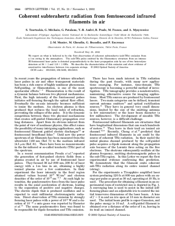 Pdf Coherent Subterahertz Radiation From Femtosecond Infrared