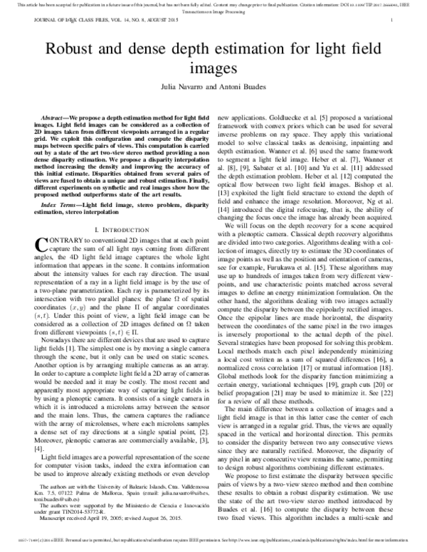 (PDF) Robust and dense depth estimation for light field images | Julia Navarro - Academia.edu