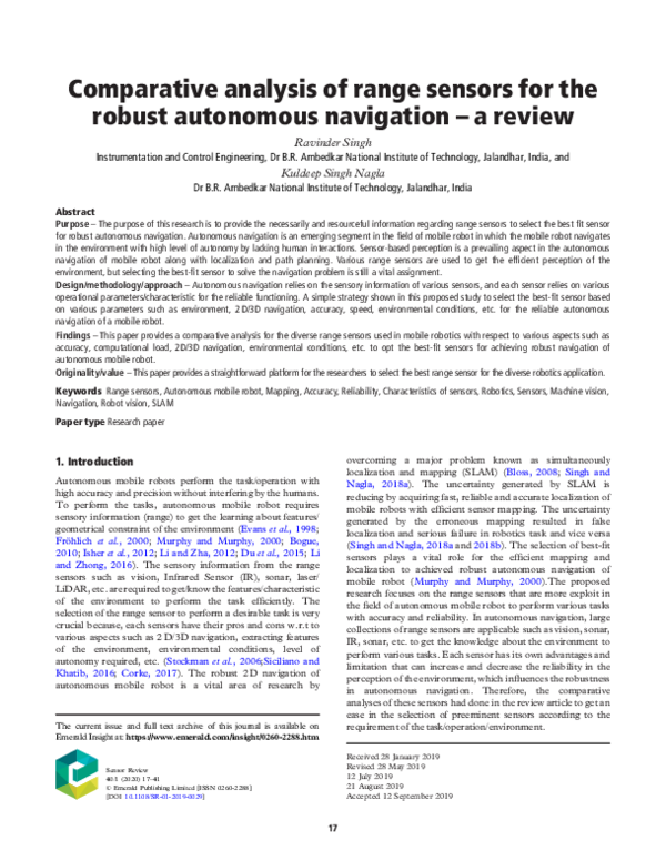 (PDF) Comparative analysis of range sensors for the robust autonomous navigation – a review
