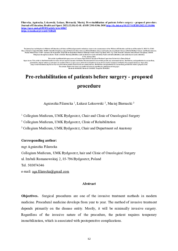 (PDF) Pre-rehabilitation of patients before surgery - proposed procedure