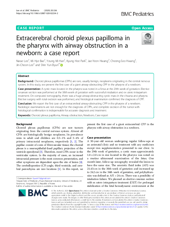 (PDF) Extracerebral choroid plexus papilloma in the pharynx with airway ...