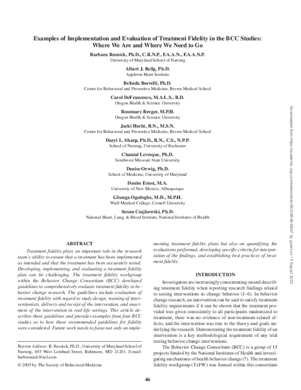 (PDF) Examples of implementation and evaluation of treatment fidelity ...