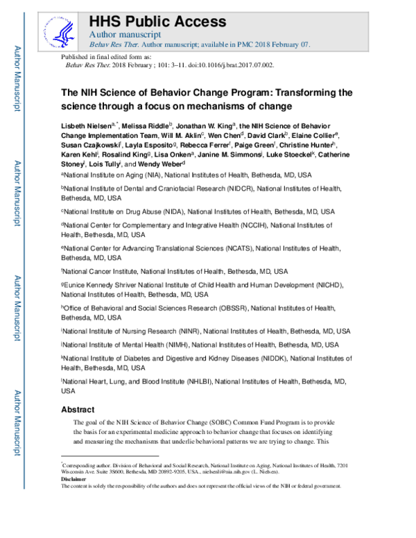 (PDF) The NIH Science of Behavior Change Program: Transforming the ...