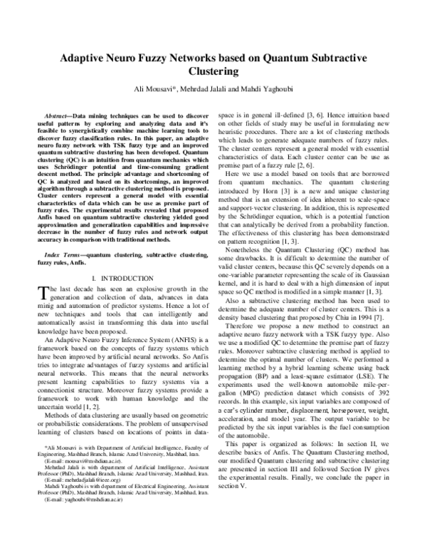 (PDF) Adaptive Neuro Fuzzy Networks based on Quantum Subtractive Clustering