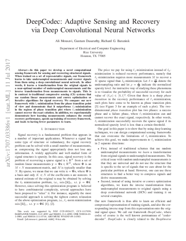 Pdf Deepcodec Adaptive Sensing And Recovery Via Deep Convolutional Neural Networks