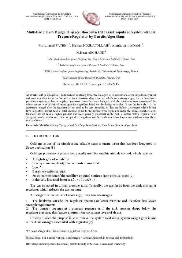 (PDF) Multidisciplinary Design of Space Blowdown Cold Gas Propulsion System without Pressure ...