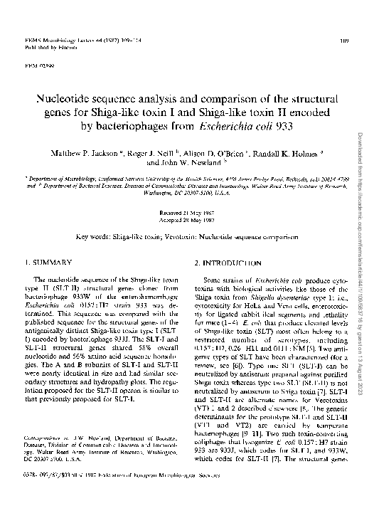Pdf Nucleotide Sequence Analysis And Comparison Of The Structural Genes For Shiga Like Toxin I