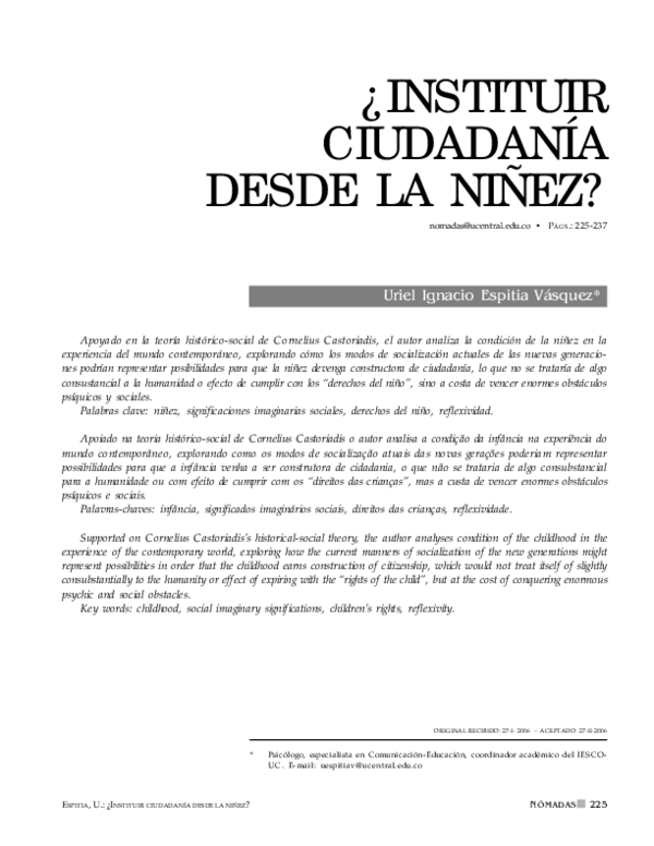 (PDF) ¿Institutor ciudadanía desde la niñez? | Uriel Ignacio Espitia ...