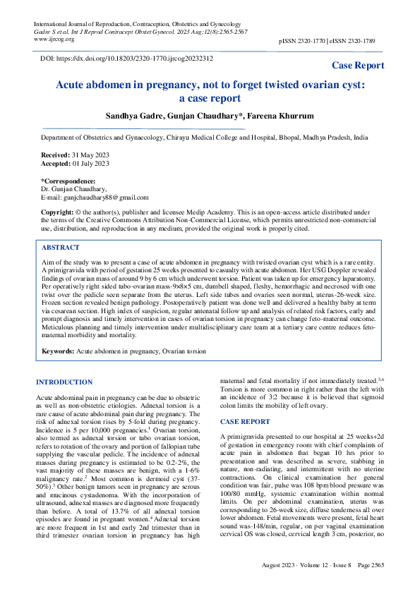 (PDF) Acute abdomen in pregnancy, not to forget twisted ovarian cyst: a case report