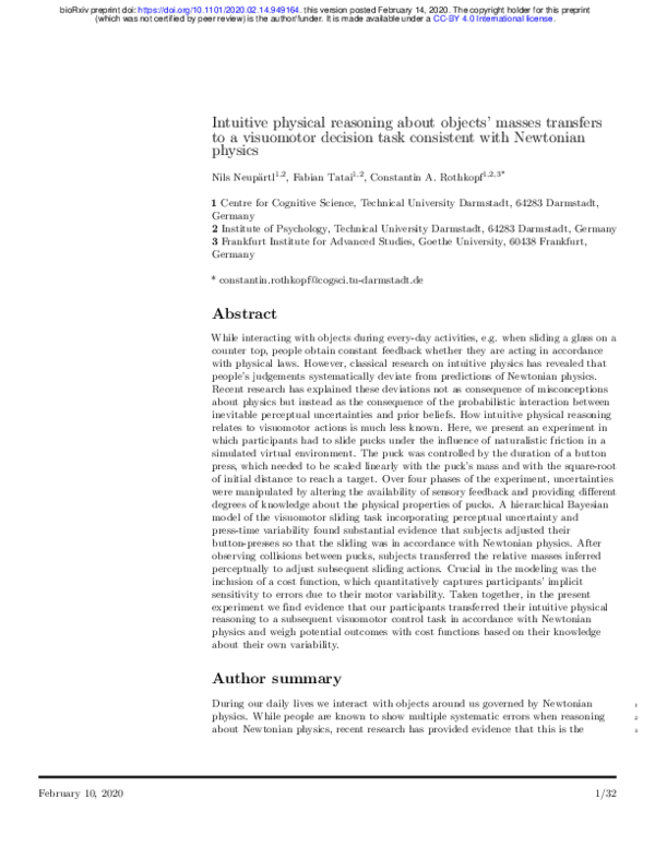 (PDF) Intuitive physical reasoning about objects’ masses transfers to a visuomotor decision task ...