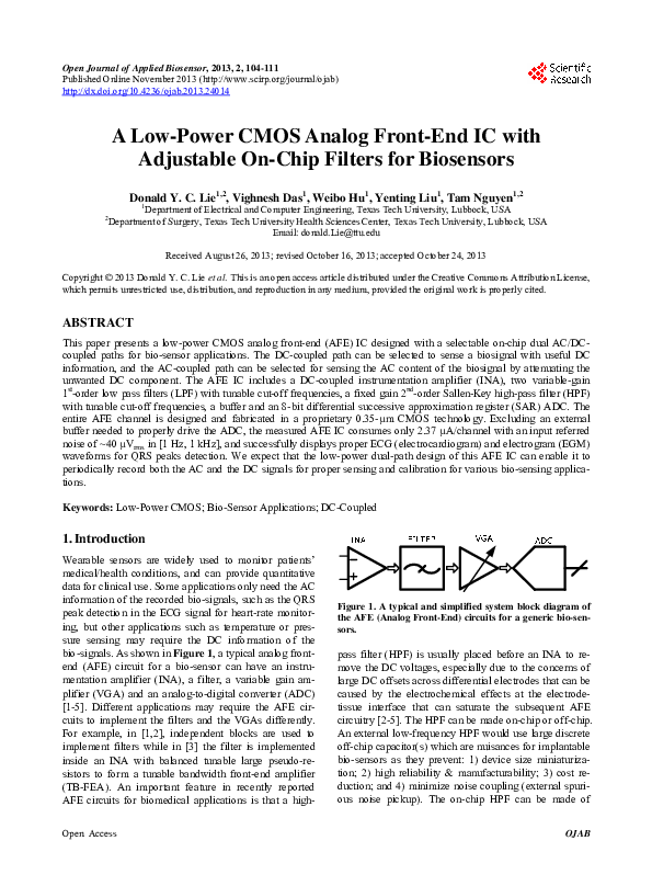 (PDF) A Low-Power CMOS Analog Front-End IC with Adjustable On-Chip Filters for Biosensors