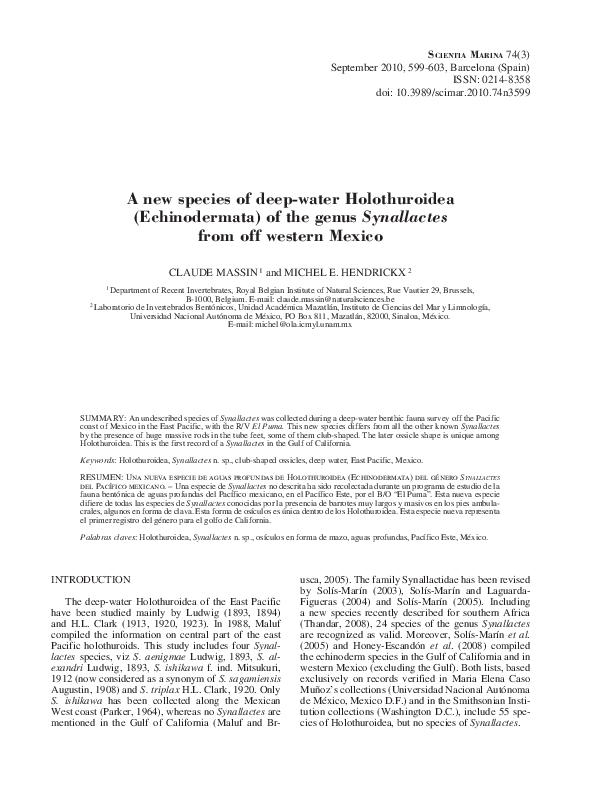 (PDF) A new species of deep-water Holothuroidea (Echinodermata) of the ...