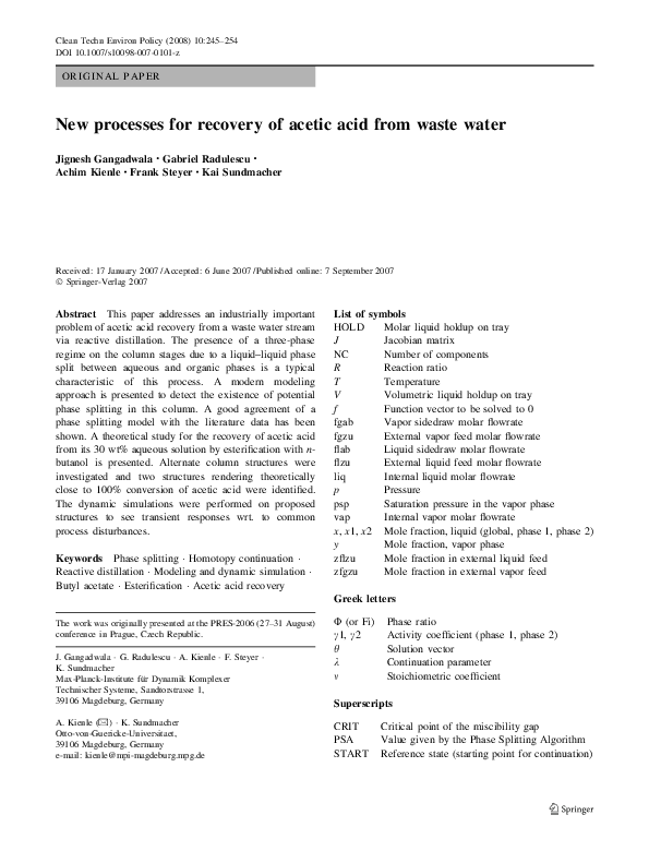 (PDF) New processes for recovery of acetic acid from waste water