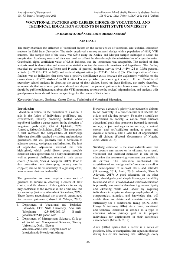 (PDF) VOCATIONAL FACTORS AND CAREER CHOICE OF VOCATIONAL AND TECHNICAL EDUCATION STUDENTS IN ...
