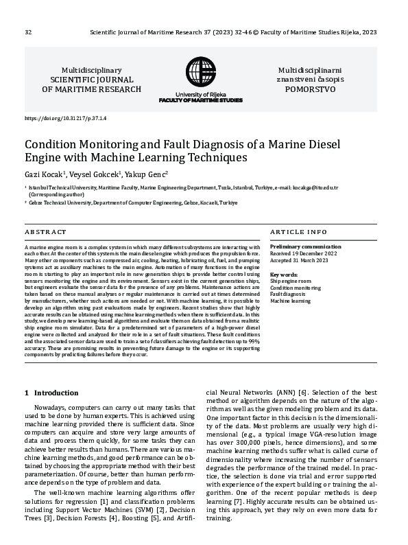 (PDF) Condition Monitoring and Fault Diagnosis of a Marine Diesel ...