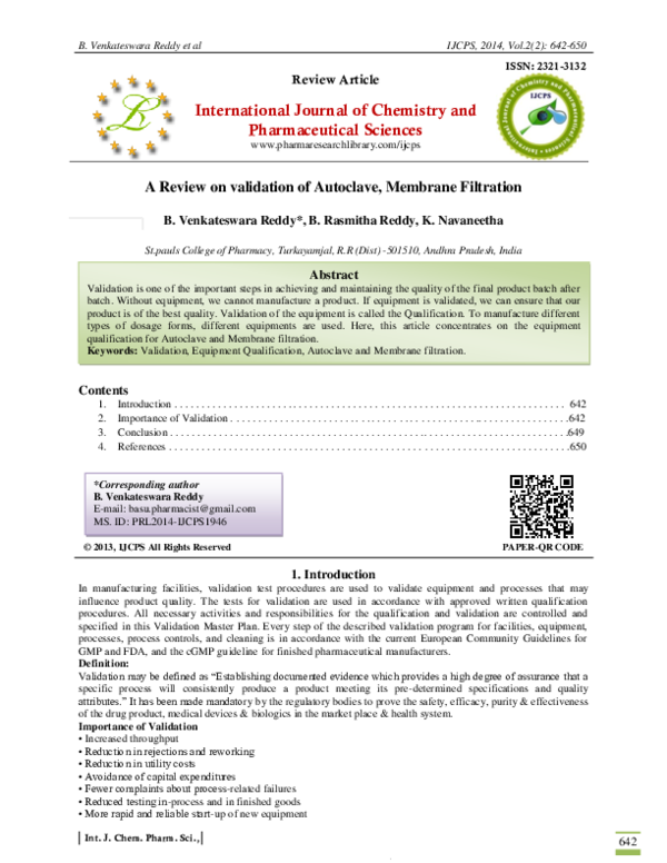 (PDF) Review on Validation of Autoclave, Membrane Filtration