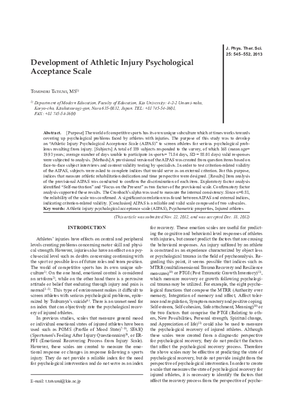 (PDF) Development of Athletic Injury Psychological Acceptance Scale