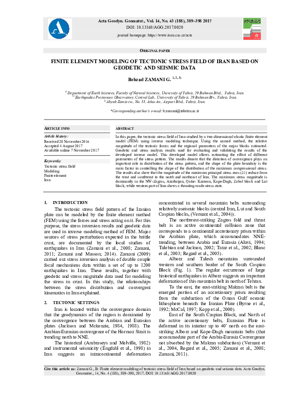 (PDF) Finite element modeling of tectonic stress field of Iran based on geodetic and seismic data