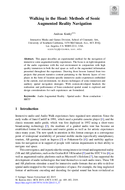 (PDF) Walking in the Head: Methods of Sonic Augmented Reality Navigation