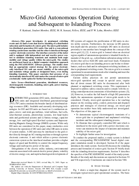 (PDF) Micro-Grid Autonomous Operation During and Subsequent to Islanding Process